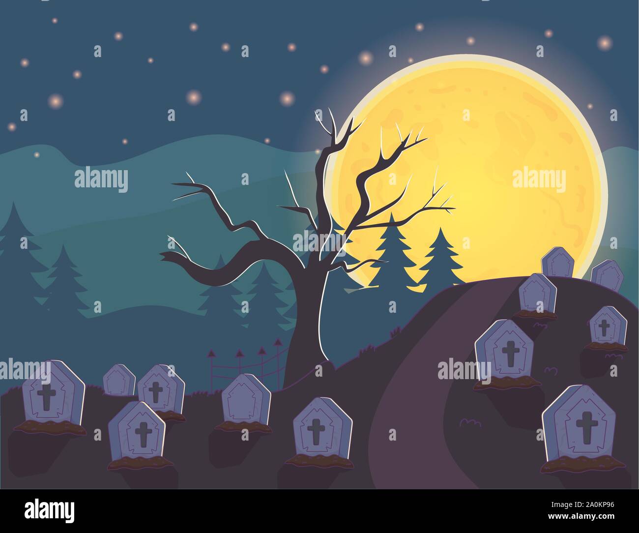 night cemetery gravestones moon tree vector illustration Stock Vector ...