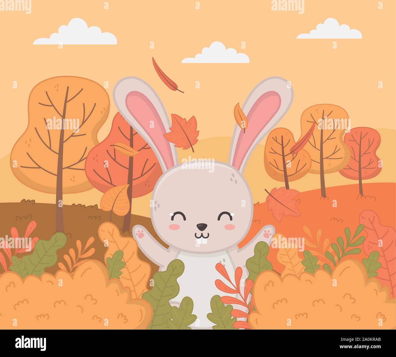 cute happy rabbit trees animal autumn season vector illustration image ...