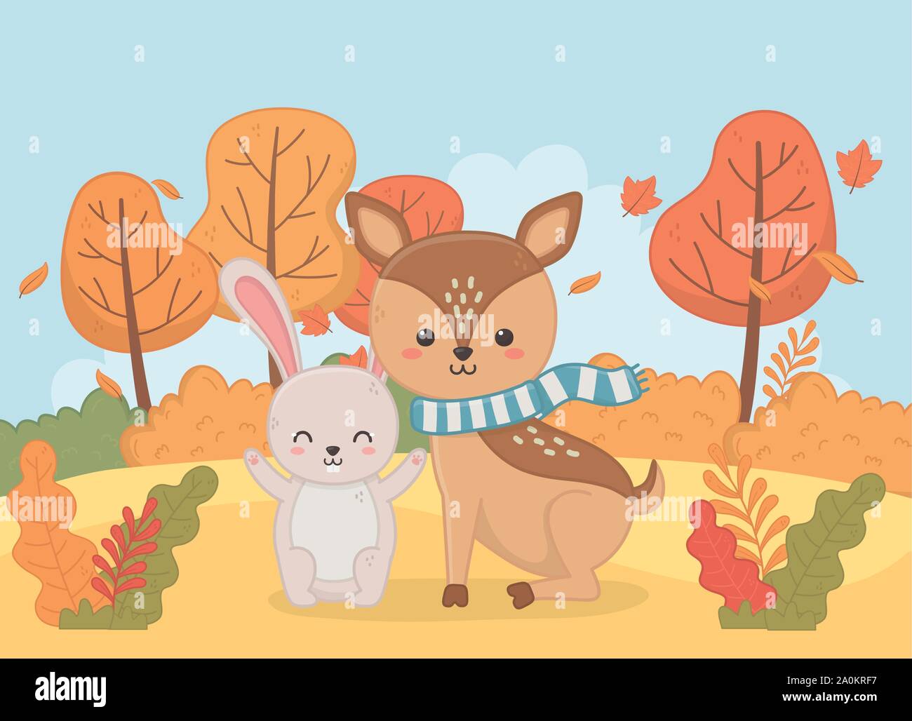 cute rabbit and deer animal autumn season vector illustration image ...