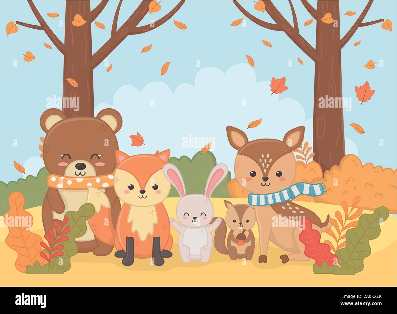 cute bear squarrel deer rabbit fox forest foliage autumn season vector ...