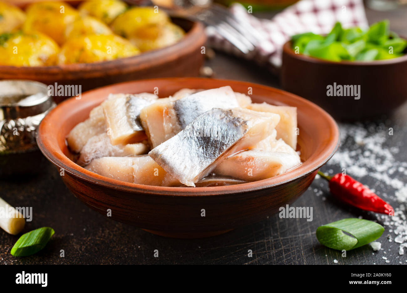Close up of salted herring fillet with spice Stock Photo - Alamy