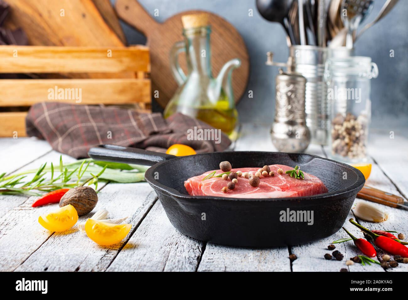 raw meat with salt and aroma spice Stock Photo - Alamy