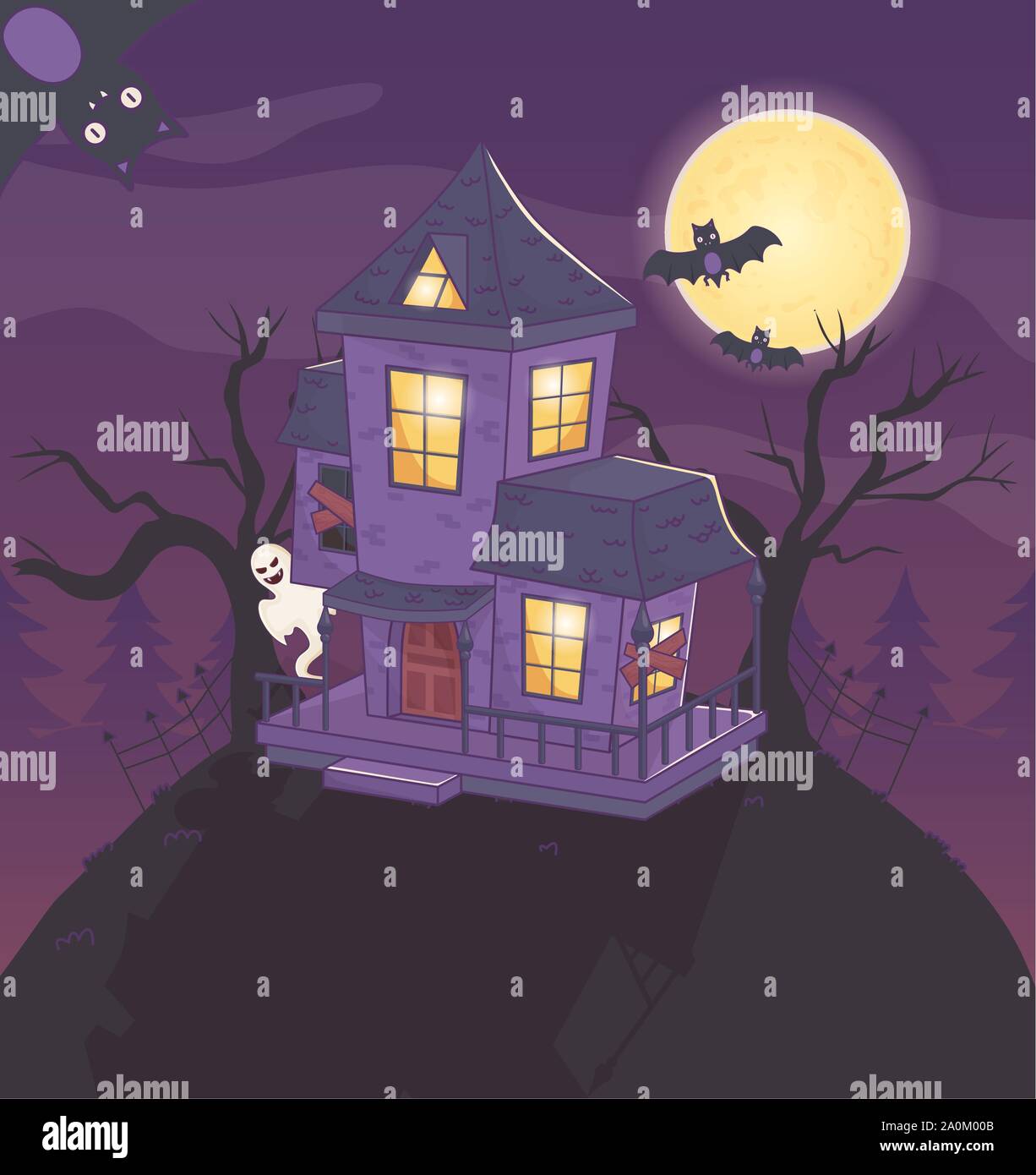 ghost bats house in the night halloween vector illustration Stock ...