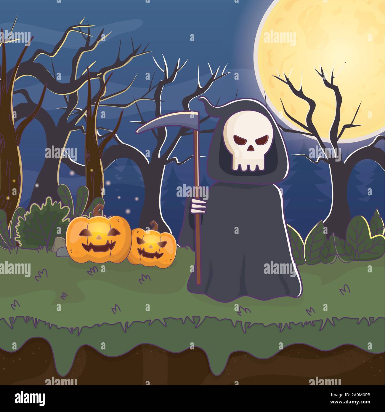 skeleton death and pumpkins halloween vector illustration Stock Vector ...