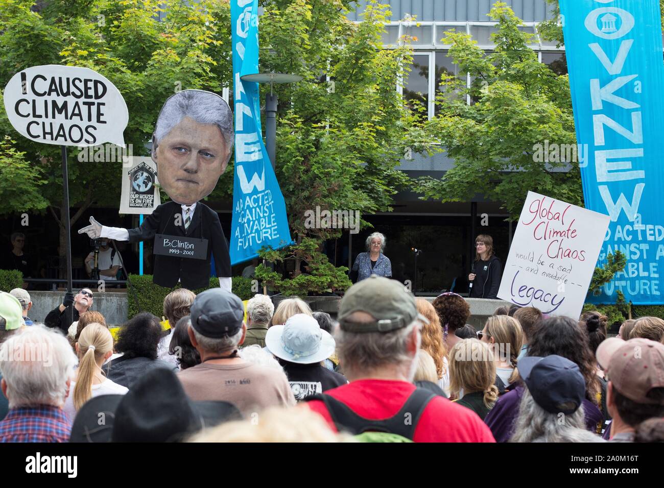 A giant sign depicting President Bill Clinton at the Climate Strike ...