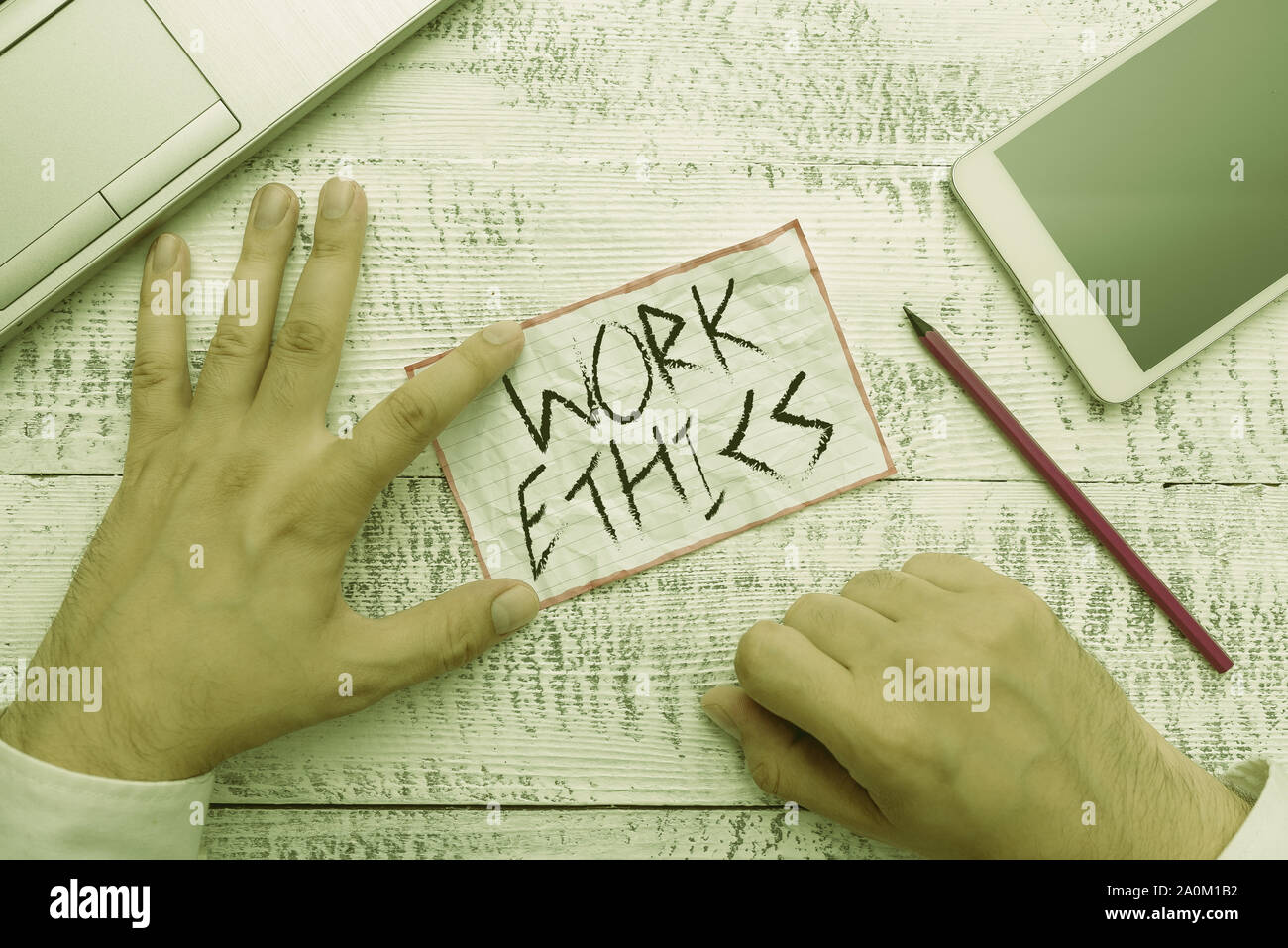 Writing note showing Work Ethics. Business concept for A set of values ...