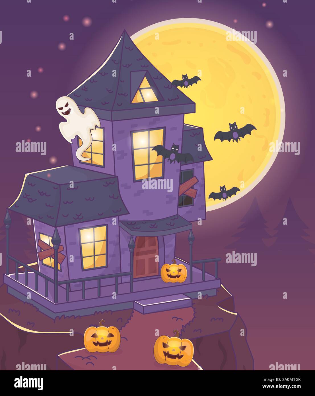 house with ghost bats and pumpkin halloween vector illustration Stock ...