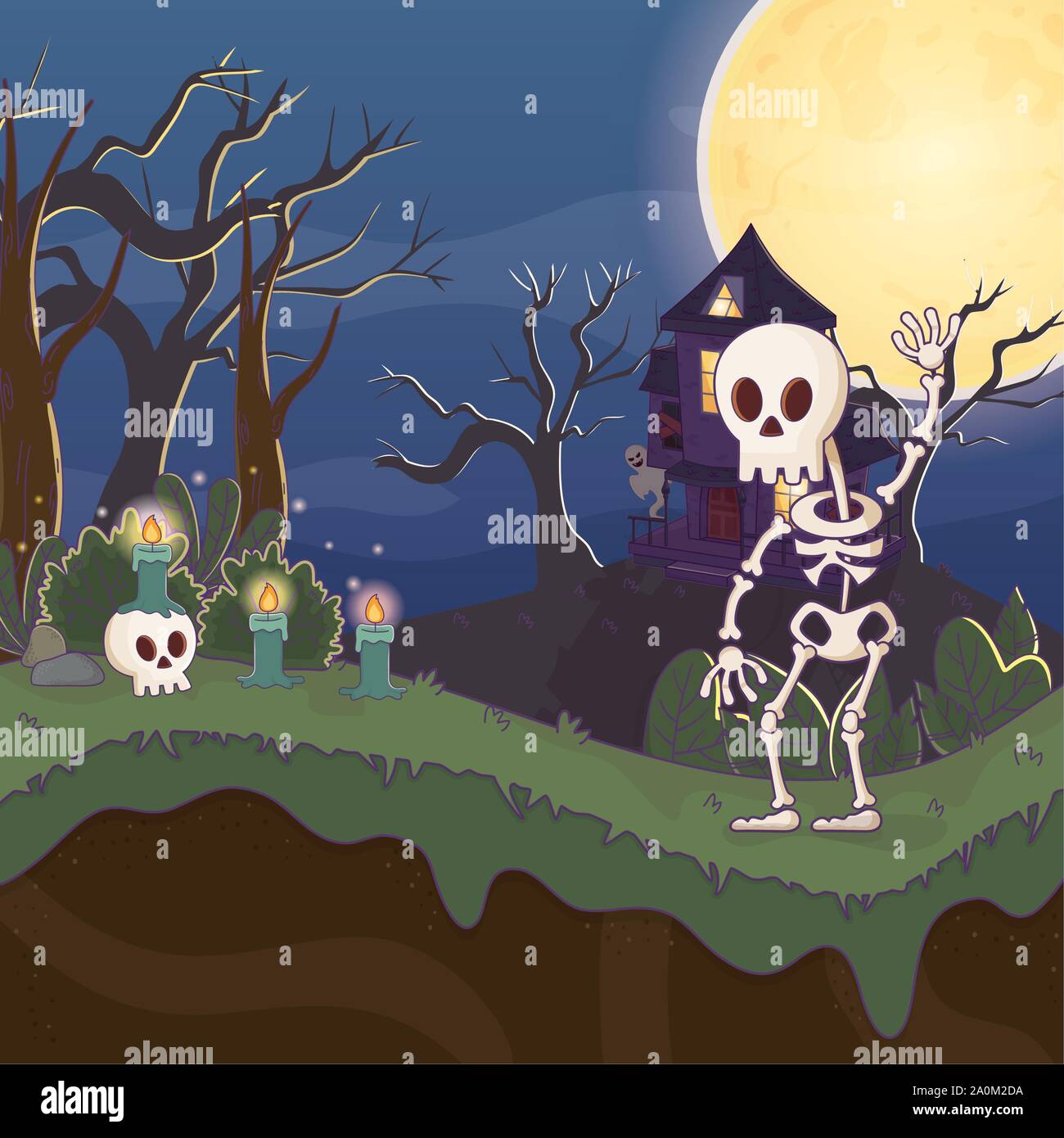 skeleton waving hand scary house halloween vector illustration Stock ...