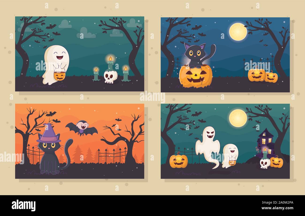 banners ghost cat pumpkin lantern halloween vector illustration Stock ...