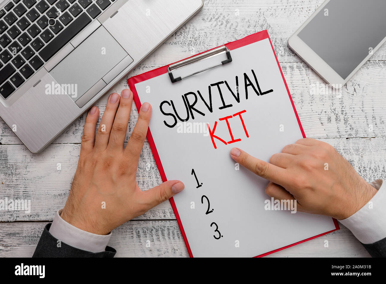 Writing note showing Survival Kit. Business concept for Emergency ...