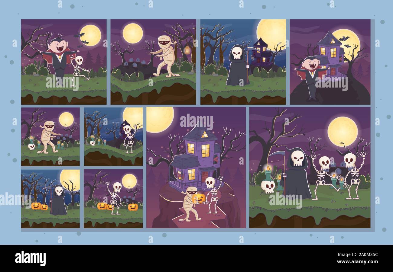 comic page skeleton mummy pumpkin halloween vector illustration Stock ...