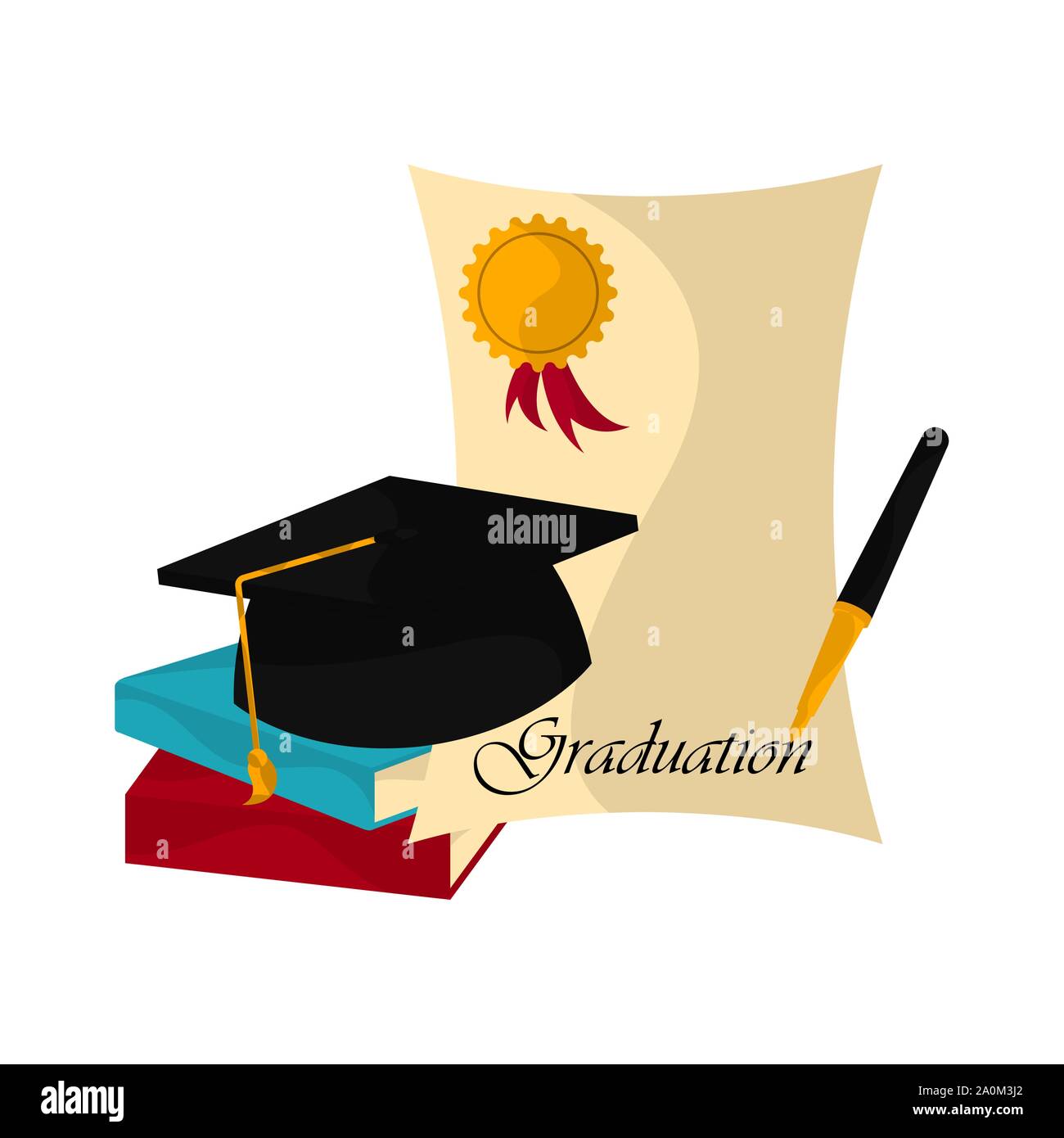 Graduation cap with diploma, pen and books. Graduation concept - Vector ...