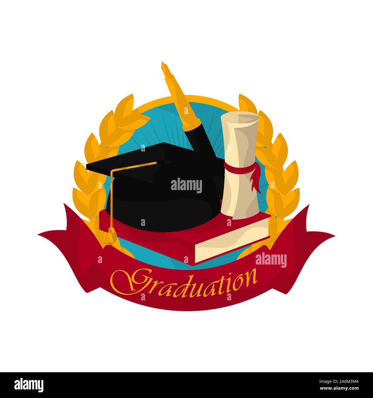 Graduation label with graduation cap, diploma, pen and book - Vector ...