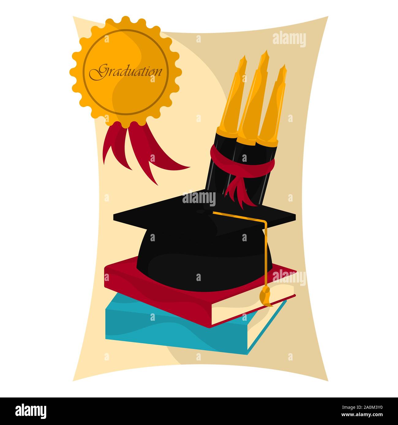 Graduation cap with books and pens over a graduation certificate ...