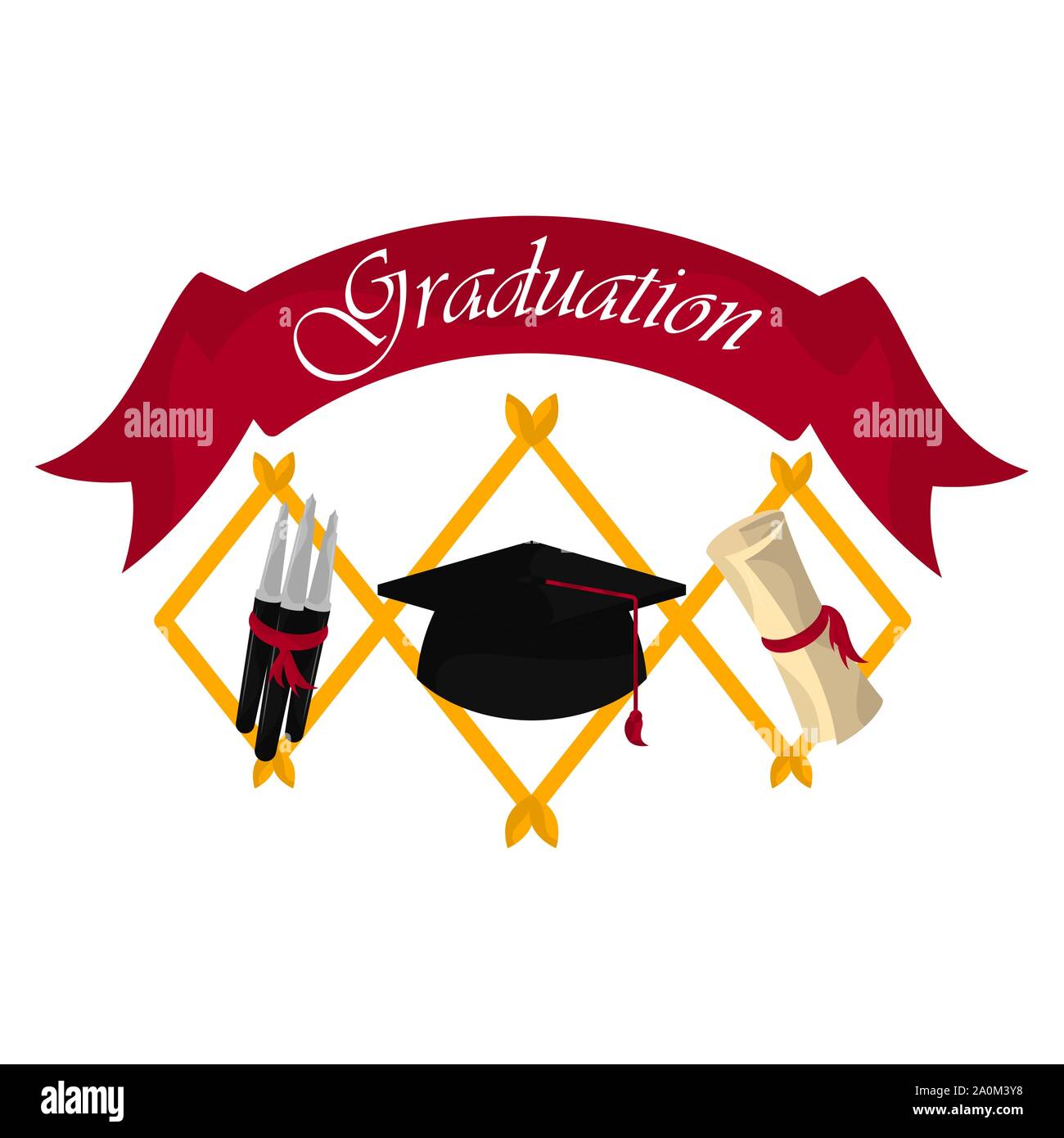 Graduation banner with cap, diploma and pens- Vector Stock Vector Image ...