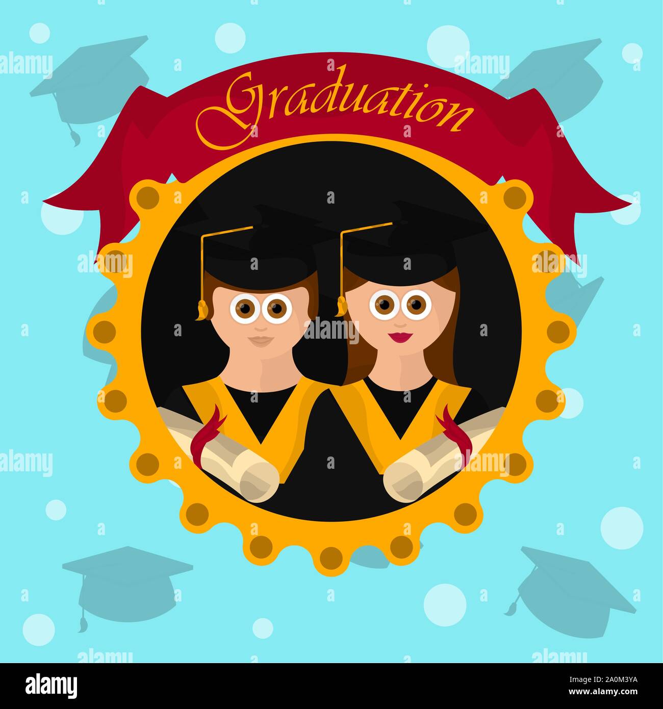 Young couple graduate in a graduation label over a colored background ...