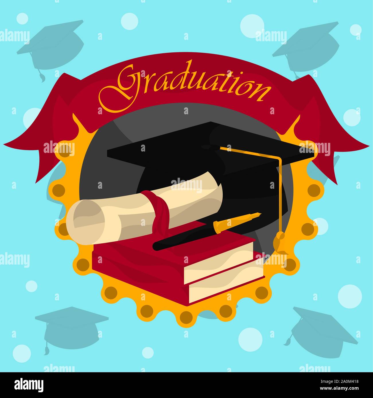 Graduation label with a cap, diplomas and books over a colored ...