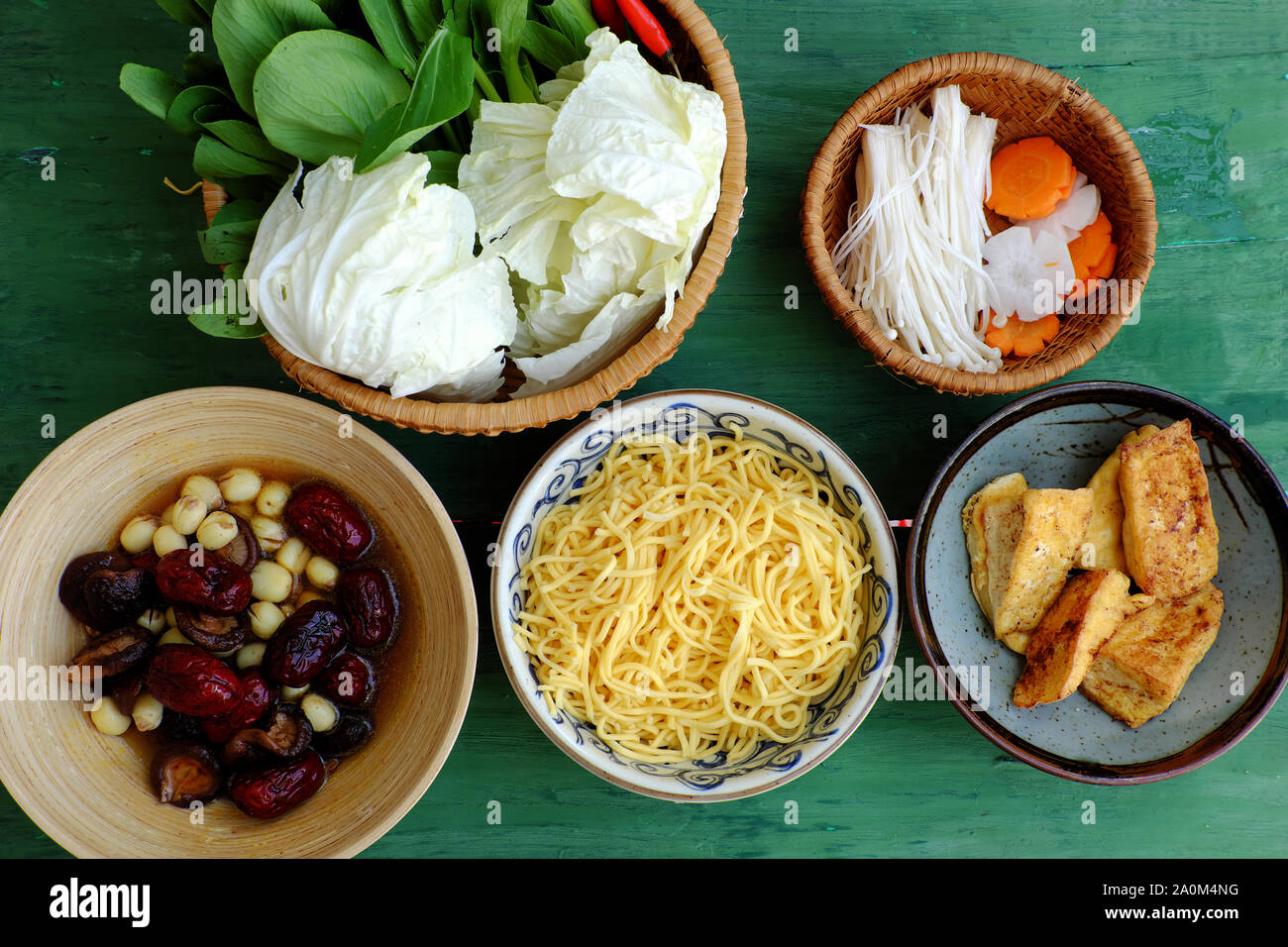 Prepare food ingredient to cook homemade vegan noodles soup for ...