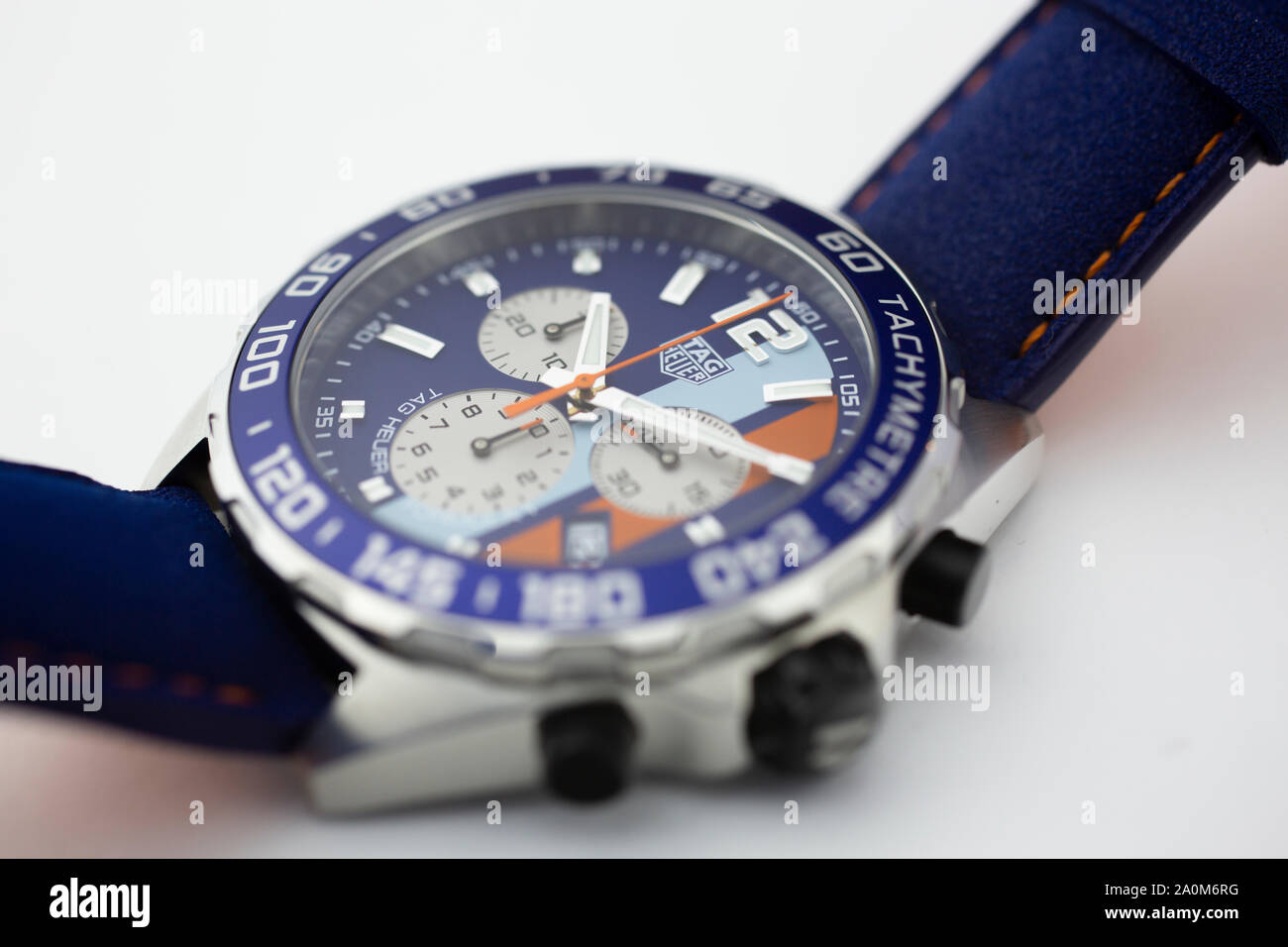 Chaux-de-Fonds, Switzerland, August 21 2019 - The close up of blue Tag ...