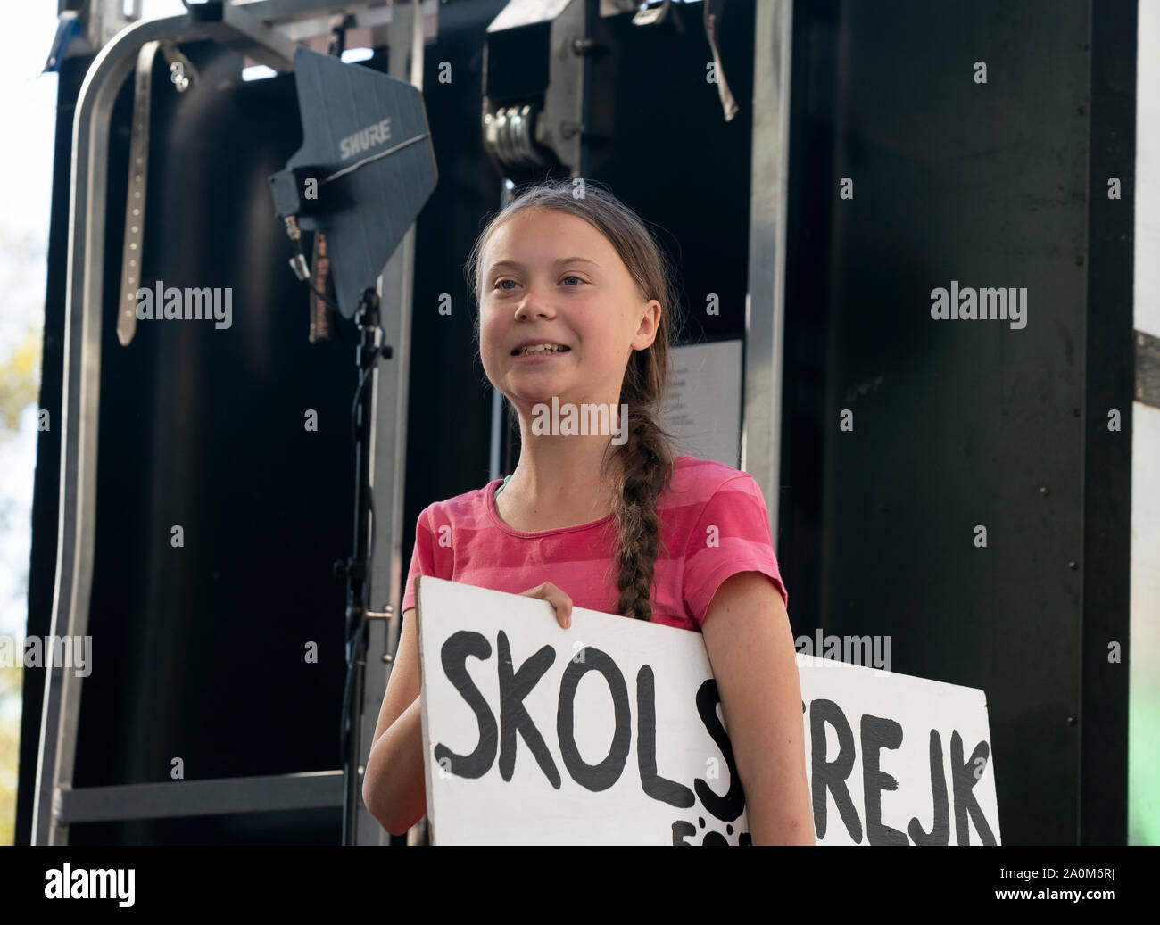 New York, NY - September 20, 2019: Greta Thunberg walks on stage during ...