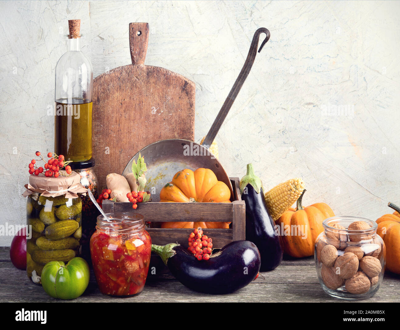 Autumn seasonal vegetables and fruits. Preserved vegetables. Front view ...