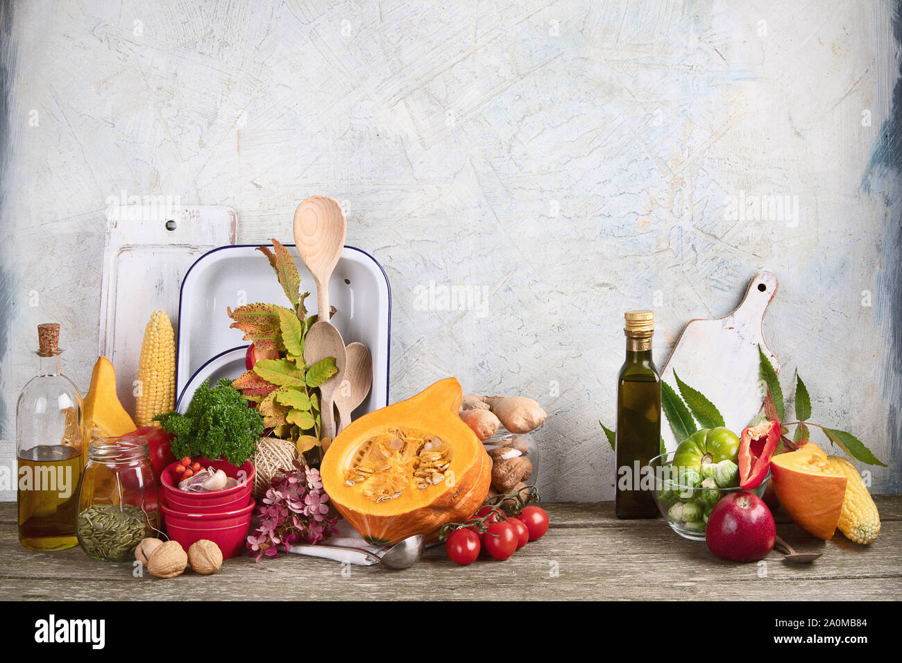 Healthy vegetarian fall food cooking background. Autumn seasonal ...