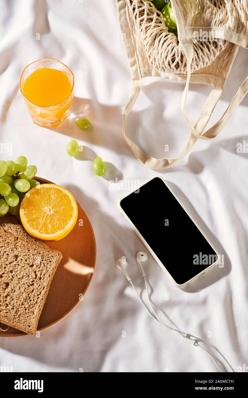 Picnic, flat lay recreation, family picnic background with space ...