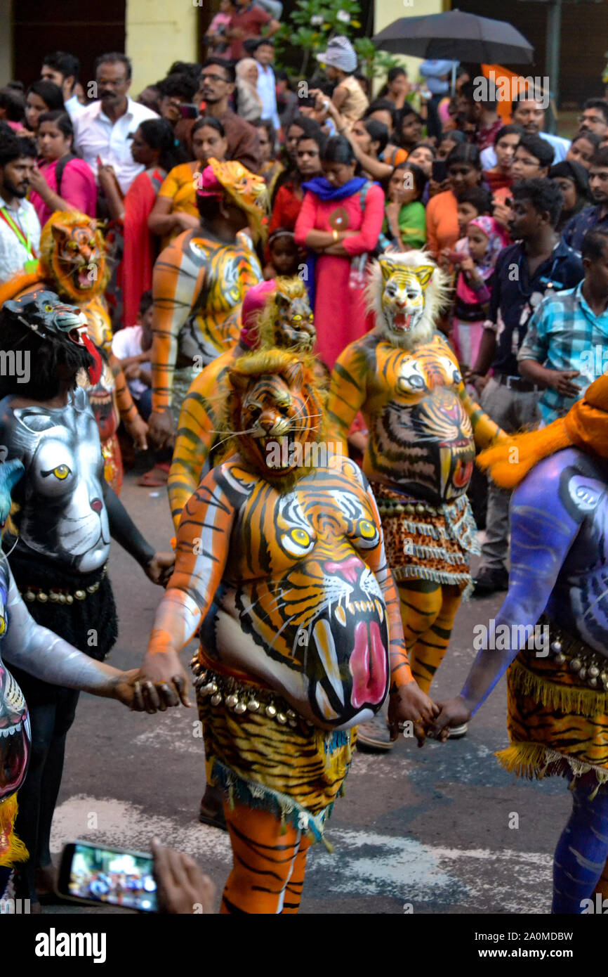 Pulikali artists in Onam procession, Kerala, India Stock Photo - Alamy