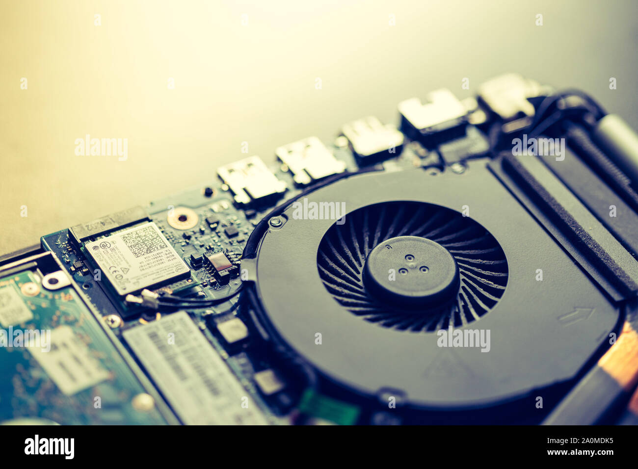 Computer cooling fan for overclocking on a circuit board, close up ...