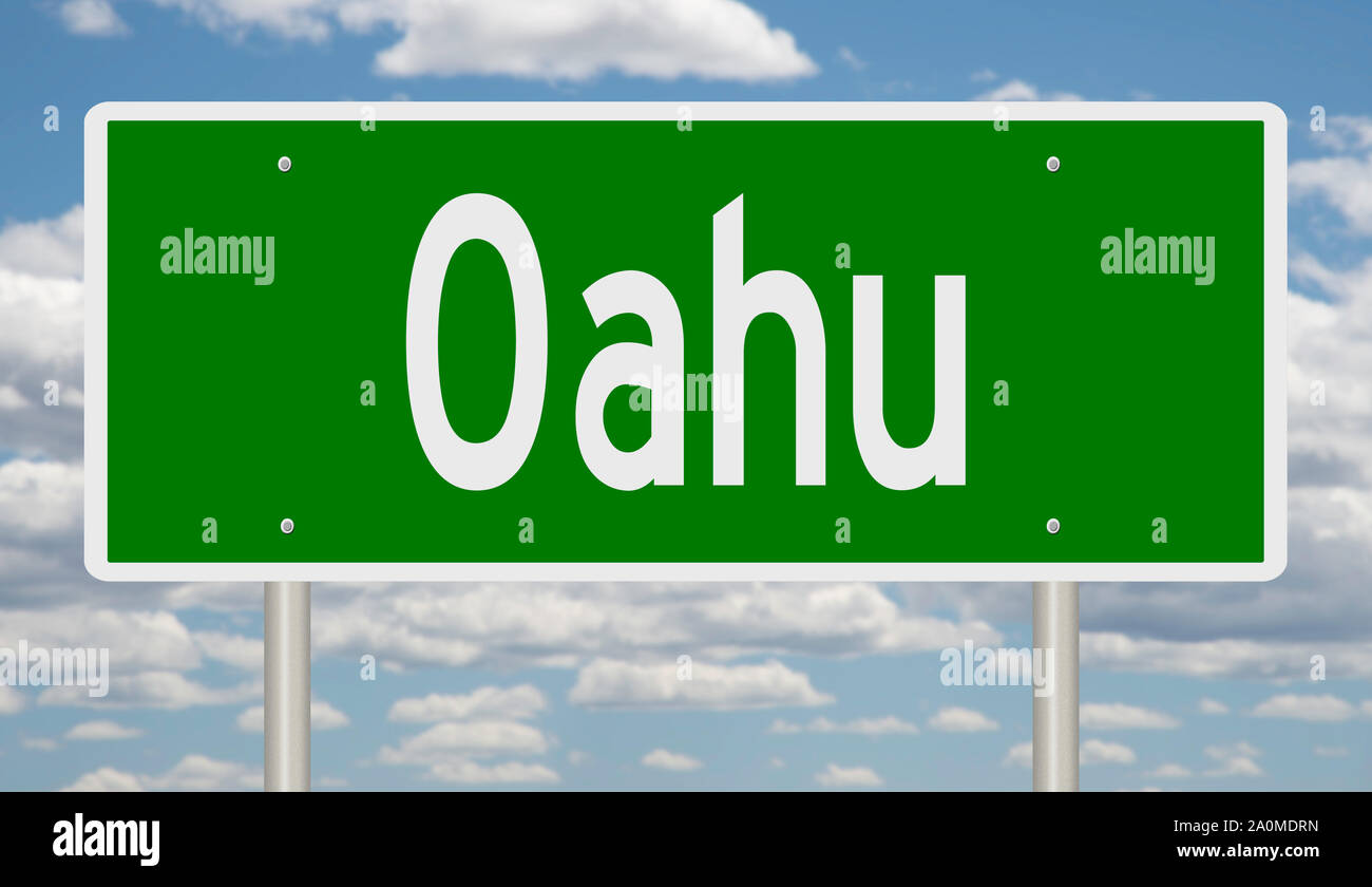 Rendering of a green road sign for Oahu Hawaii Stock Photo - Alamy