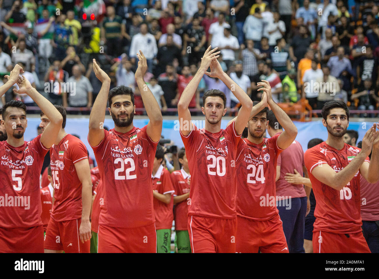 Tehran, Iran. 20th Sep, 2019. Players of Iran celebrate after winning ...