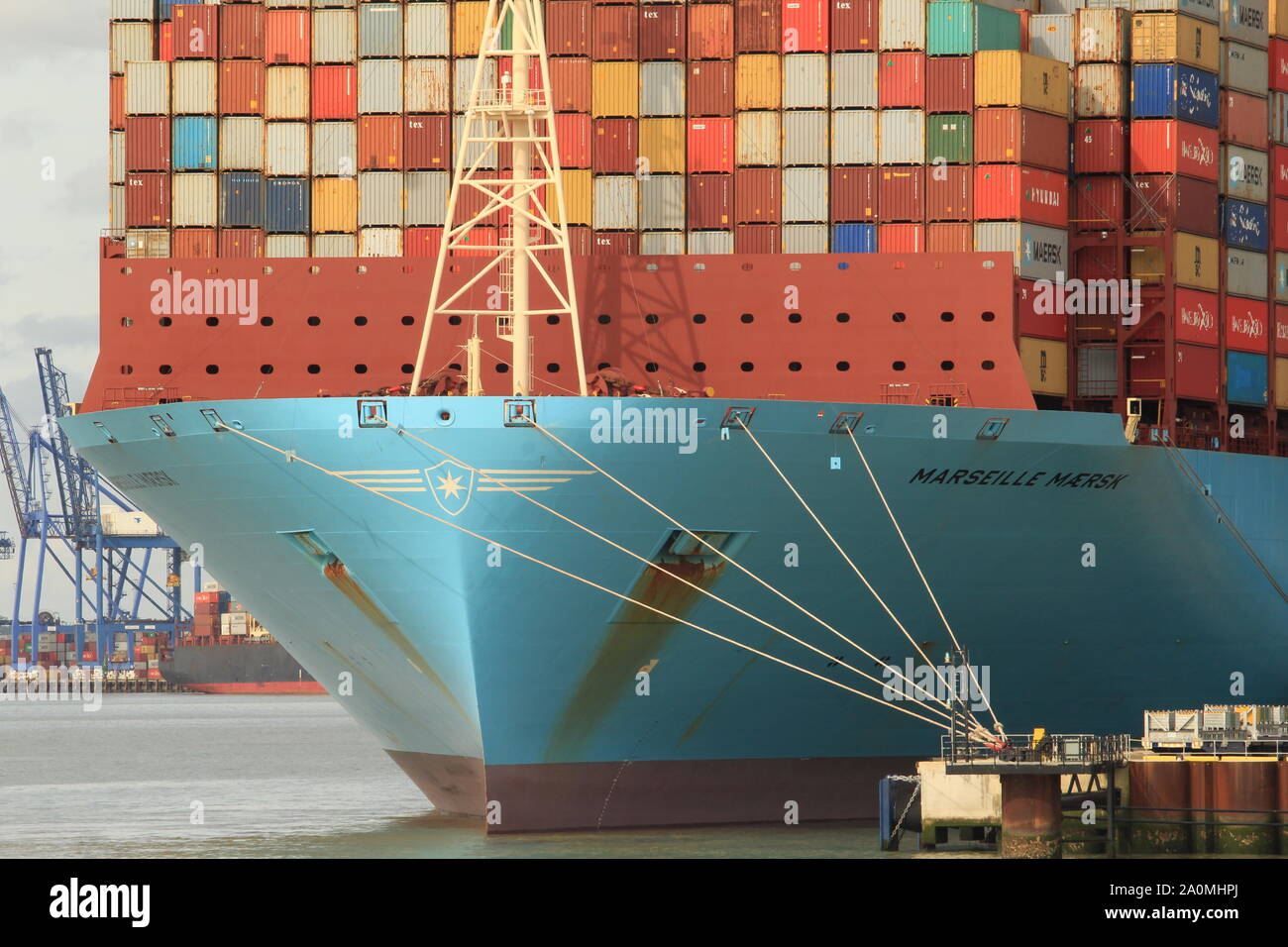 Shipping containers and cargo loaded onto a vessel at the British Port ...