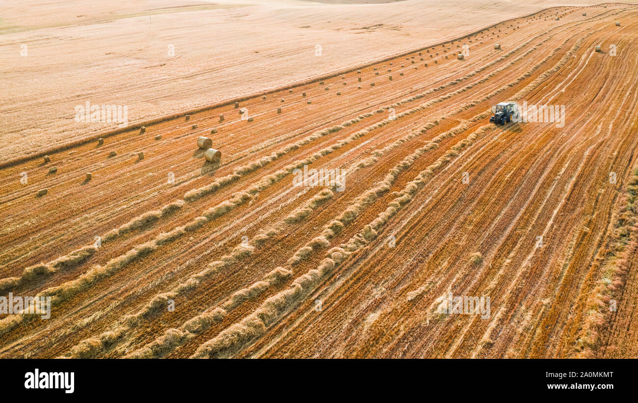 Aerial view of tractor with round hay on field Stock Photo - Alamy
