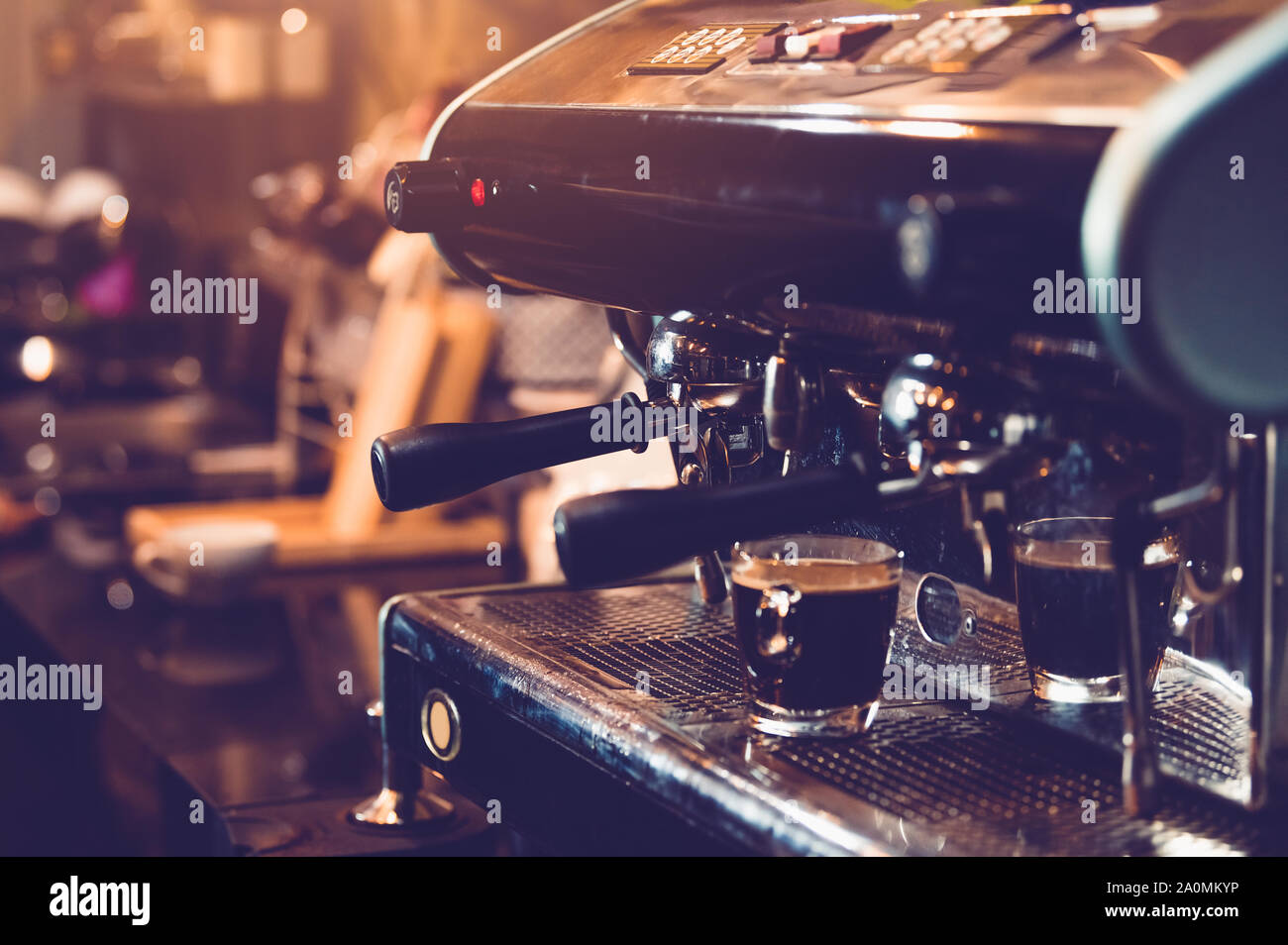 Espresso coffee maker machine working in pub and restaurant bar ...