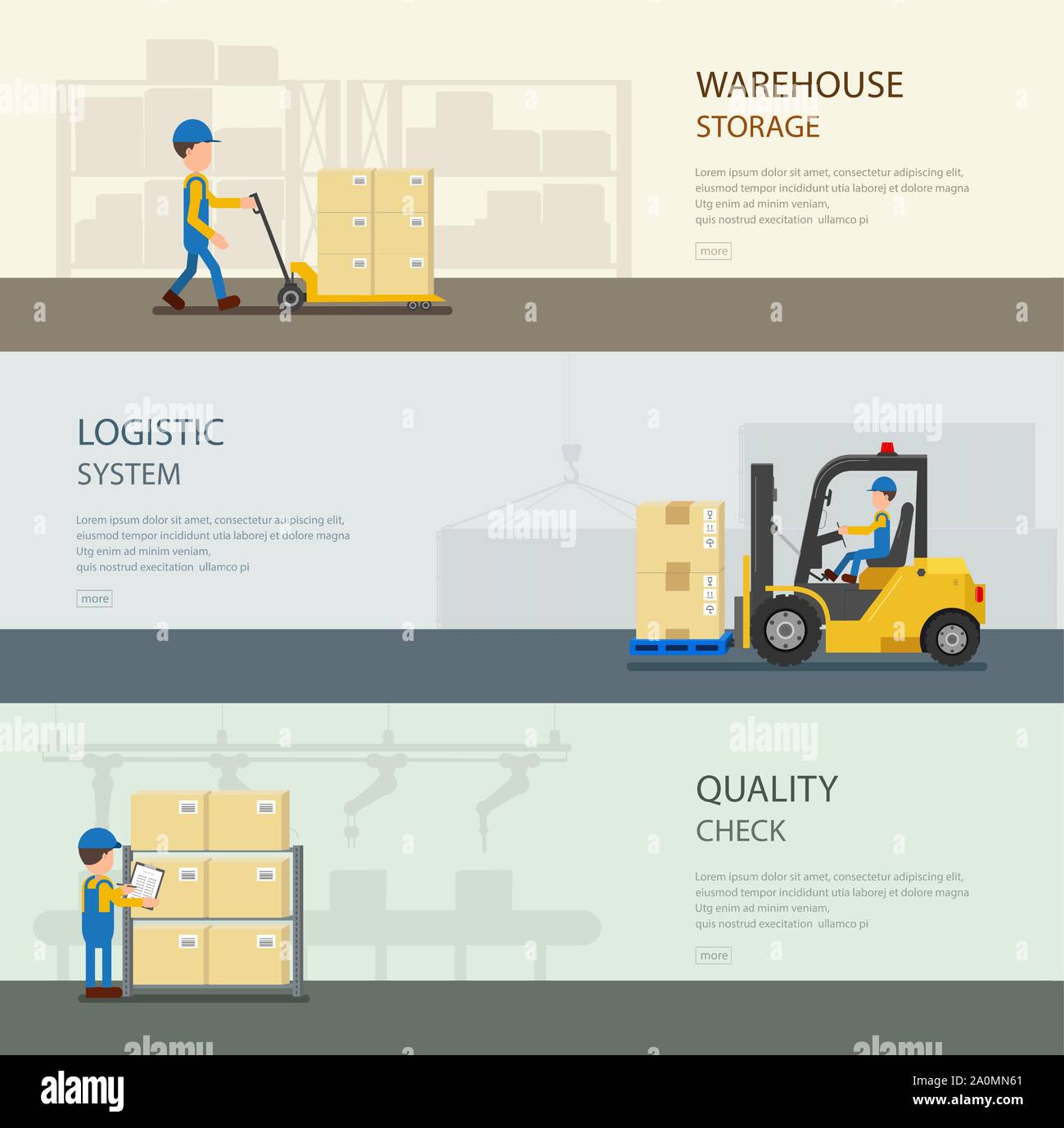 Set of warehoue banners with worker in process vector illustration ...