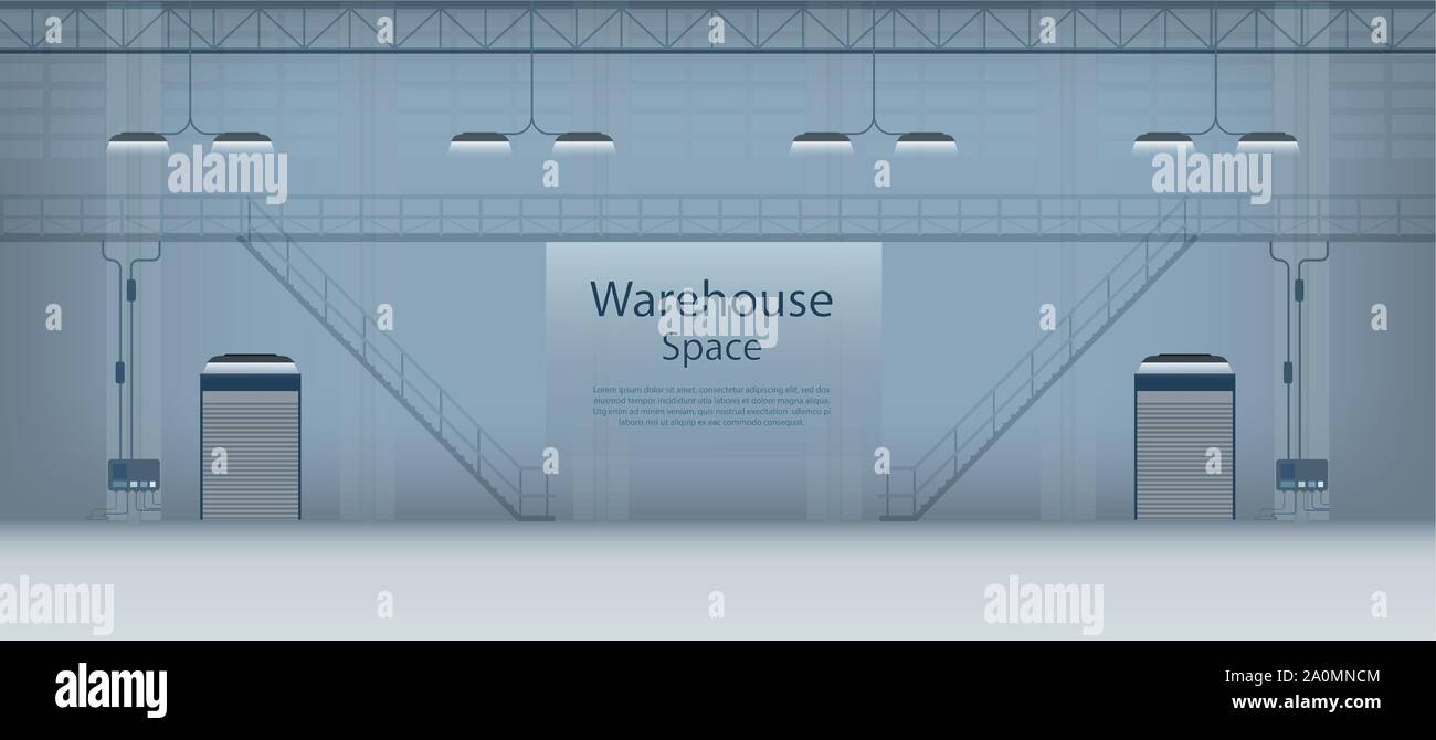 Warehouse interior banner with shutter door closed vector illustration ...