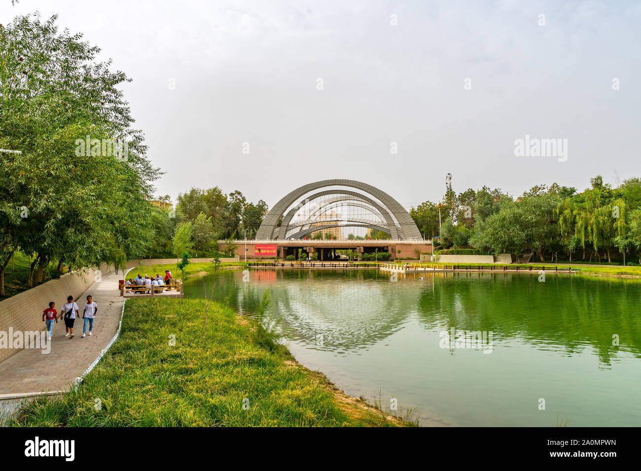 Hotan Yuquan River Lake Park High Angle View with Walking People and ...