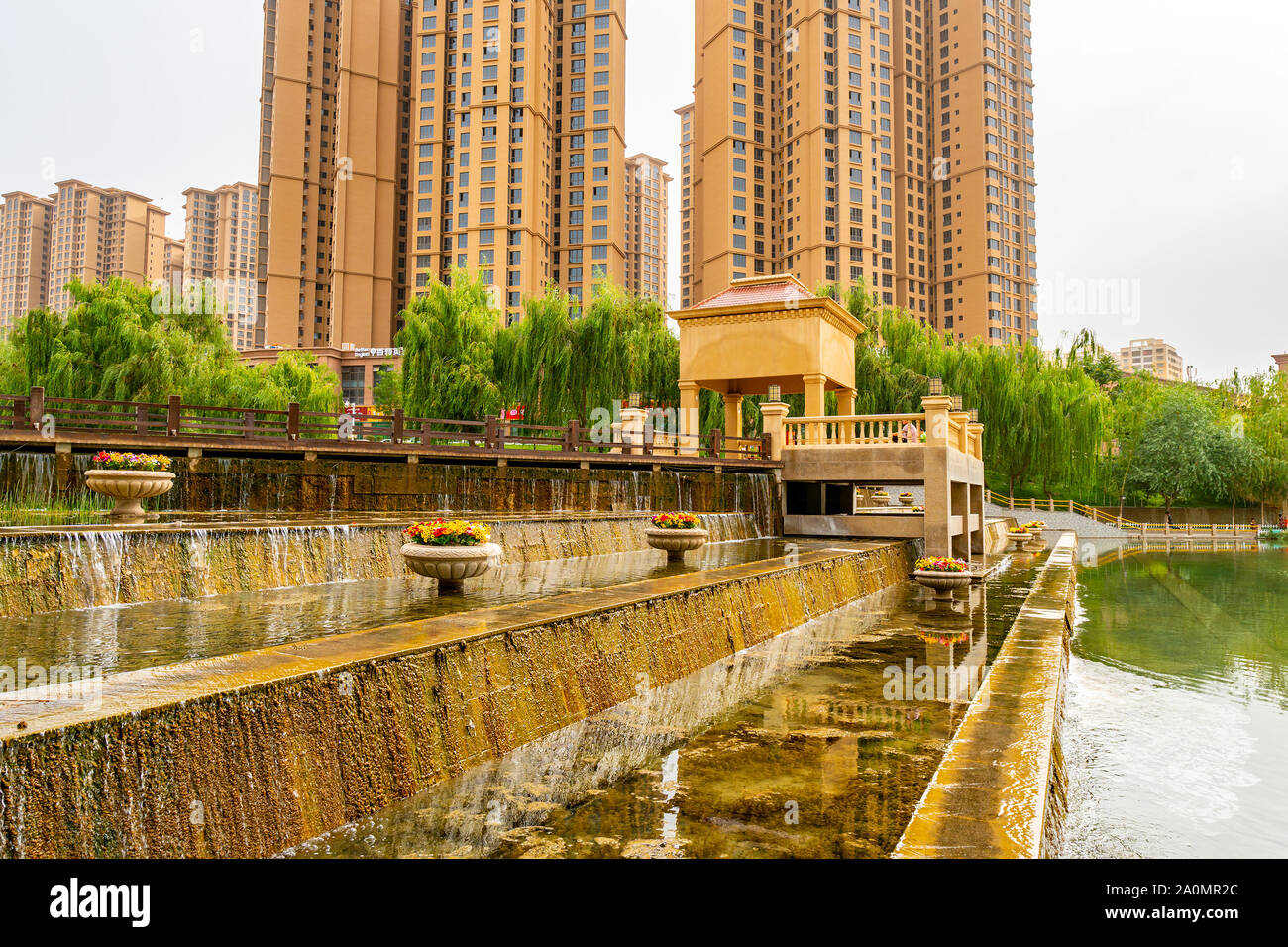Hotan Yuquan River Lake Park High Angle View with Pavilion Cascade ...