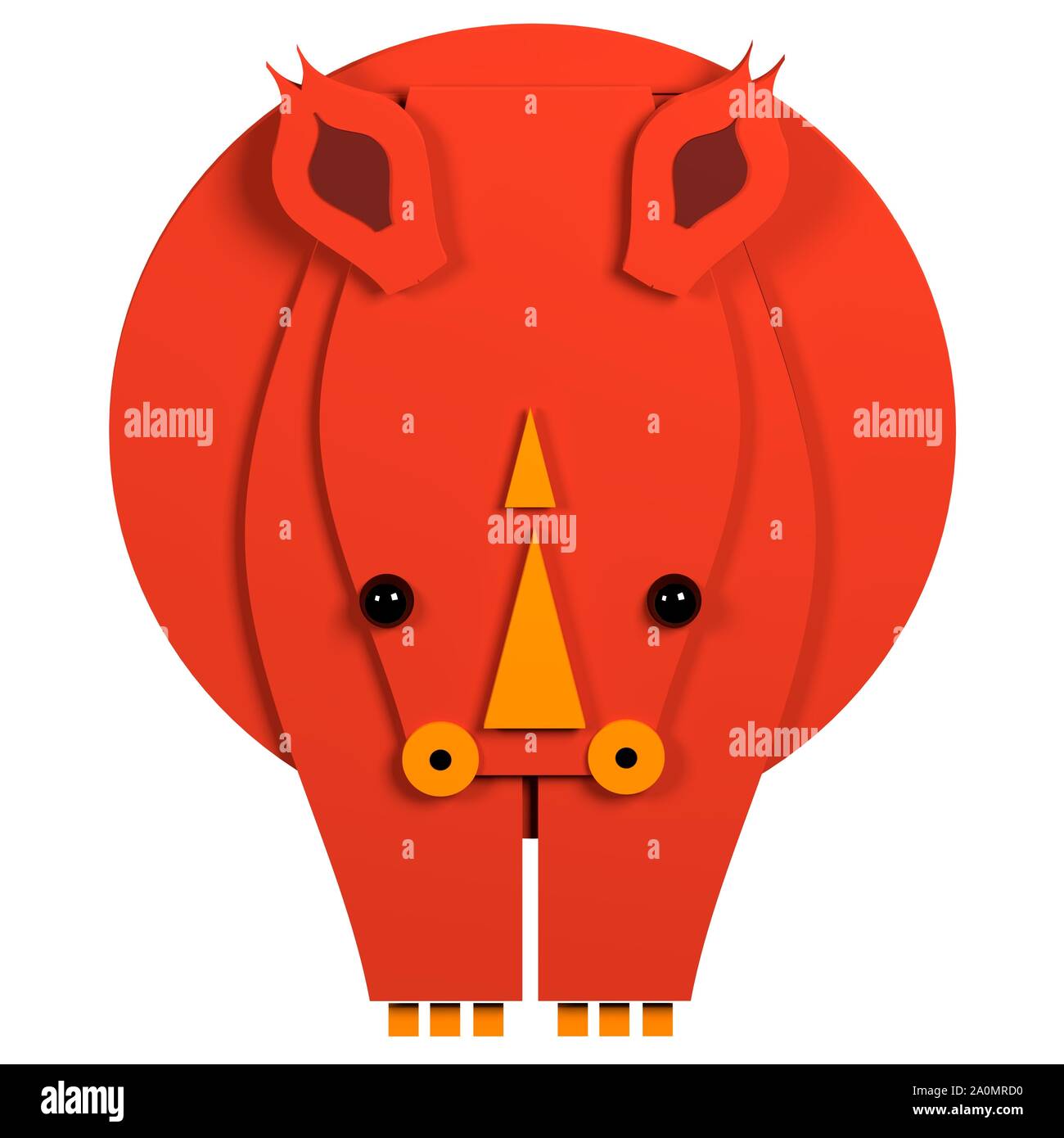 3D illustration, a stylized red rhinoceros composed of geometric shapes ...