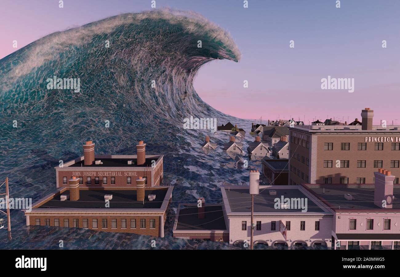 3D illustration tsunami wave apocalyptic water view urban flood Storm ...