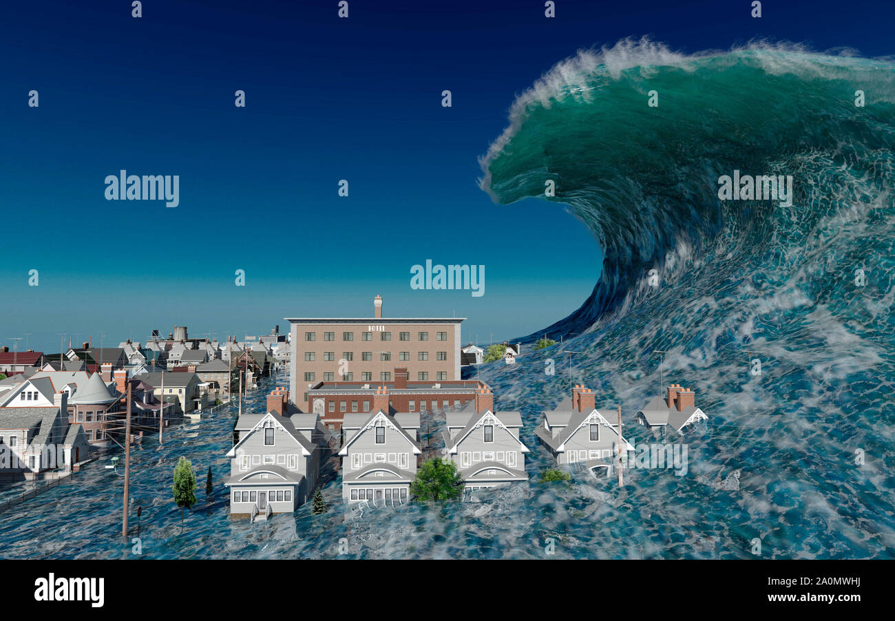 3D illustration tsunami wave apocalyptic water view urban flood Storm ...