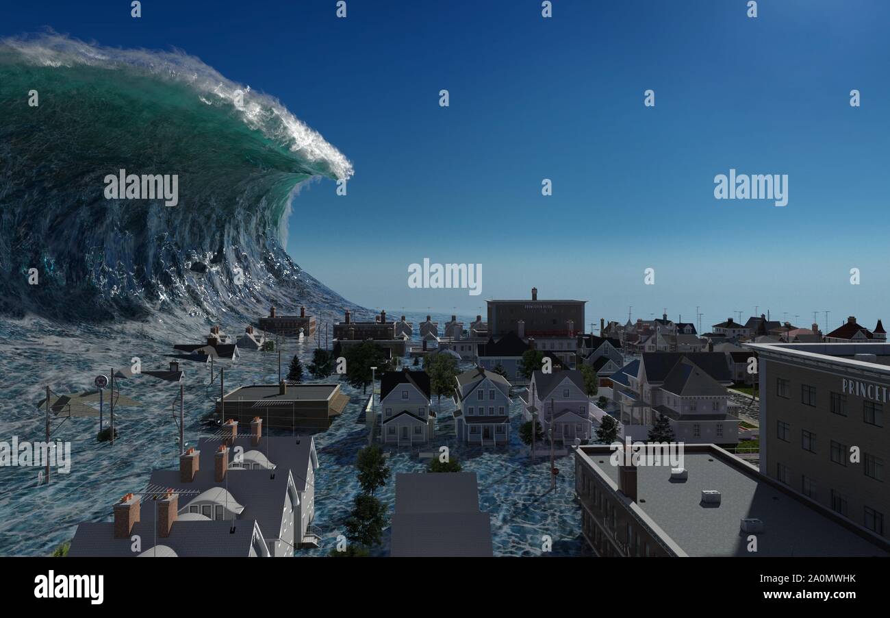 3D illustration tsunami wave apocalyptic water view urban flood Storm ...