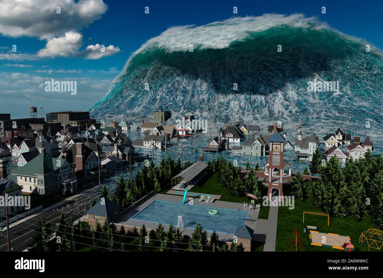 3D illustration tsunami wave apocalyptic water view urban flood Storm ...