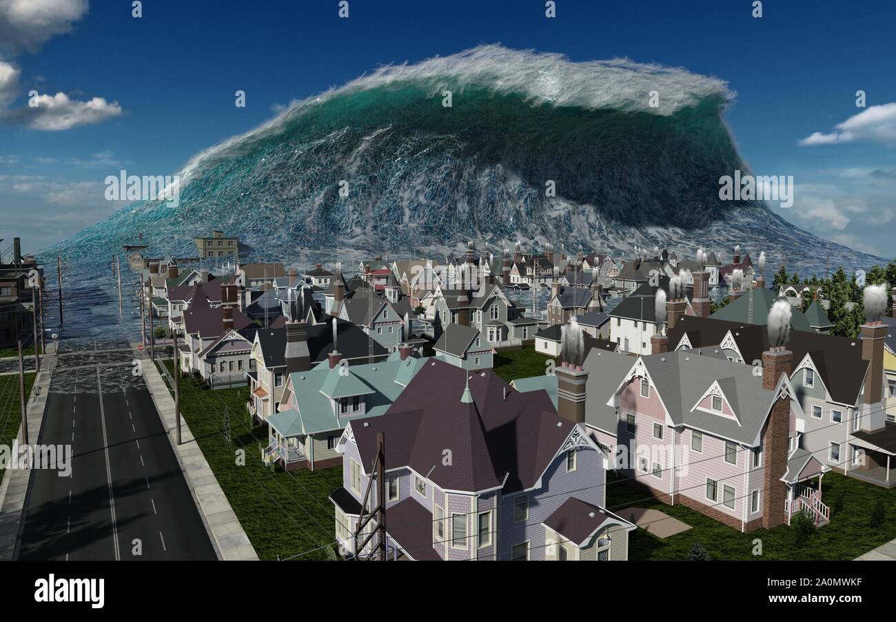 3D illustration tsunami wave apocalyptic water view urban flood Storm ...