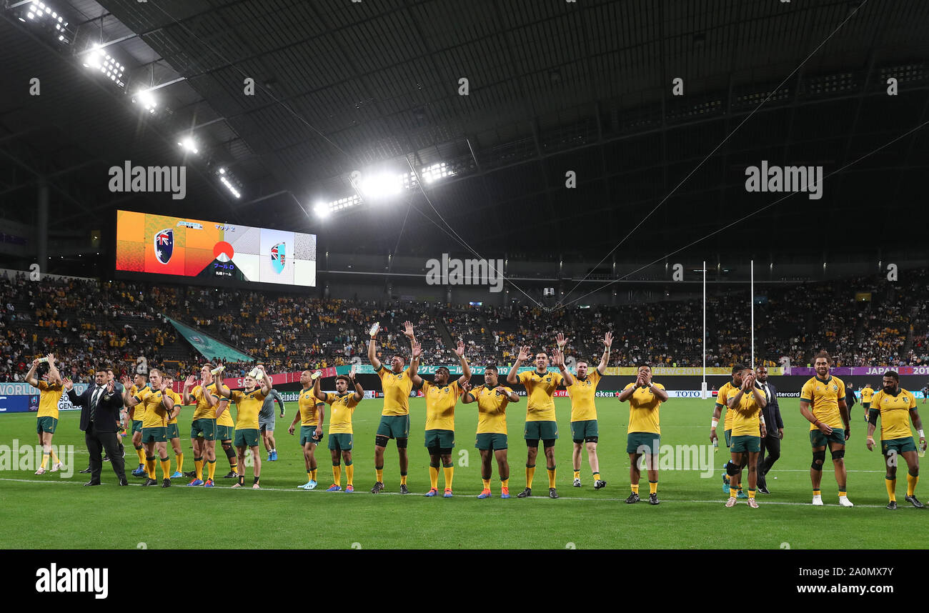 Australia acknowledge the crowd after their victory over Fiji in the ...