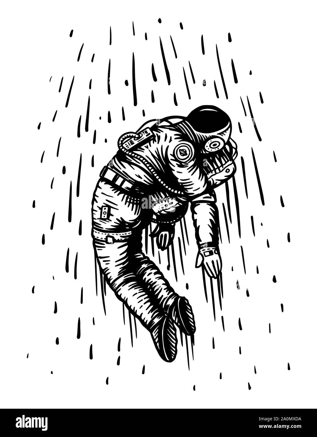 Soaring Spaceman in space. Astronaut in the solar system. Engraved hand ...