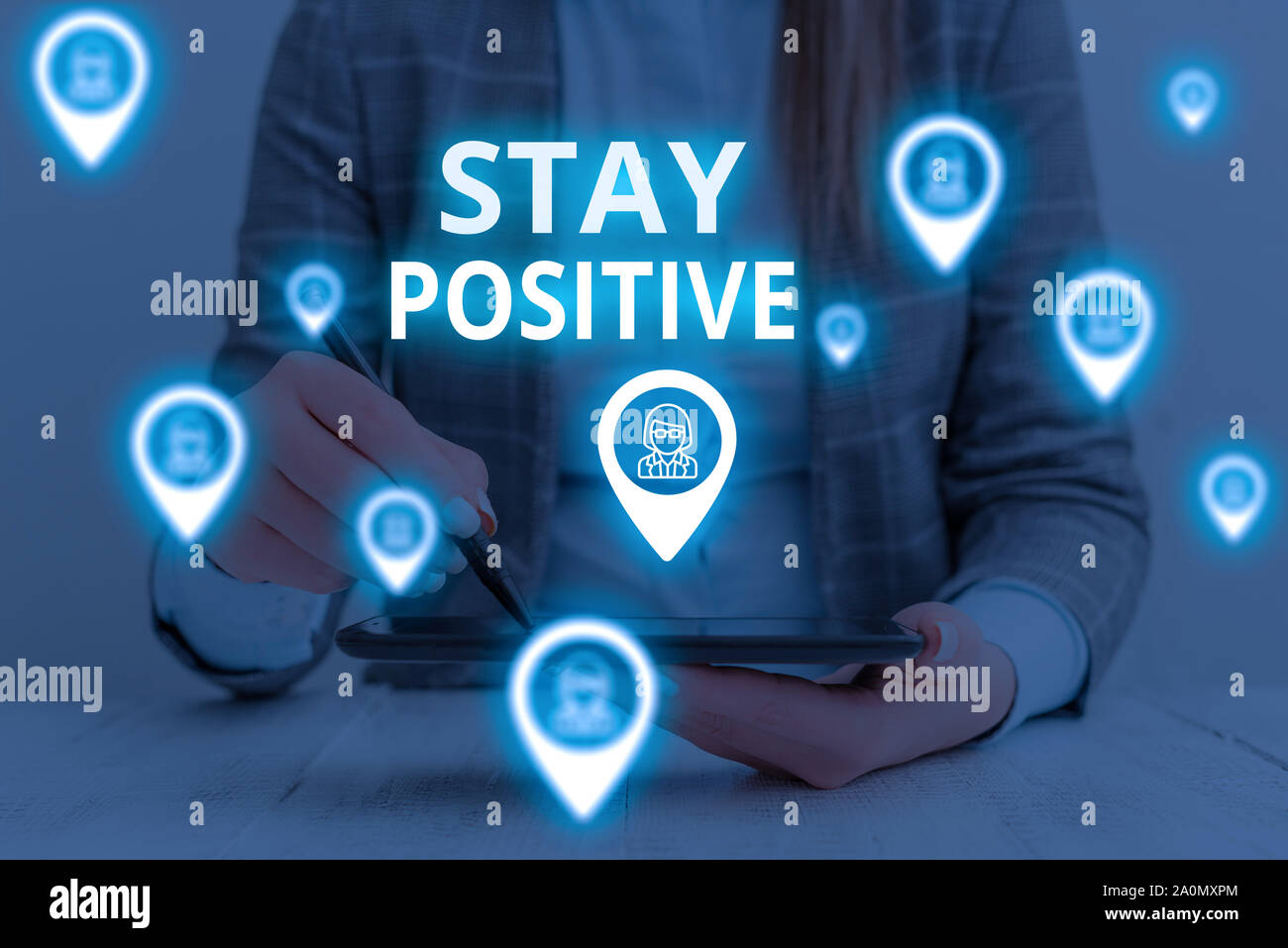 Text sign showing Stay Positive. Business photo text Engage in ...