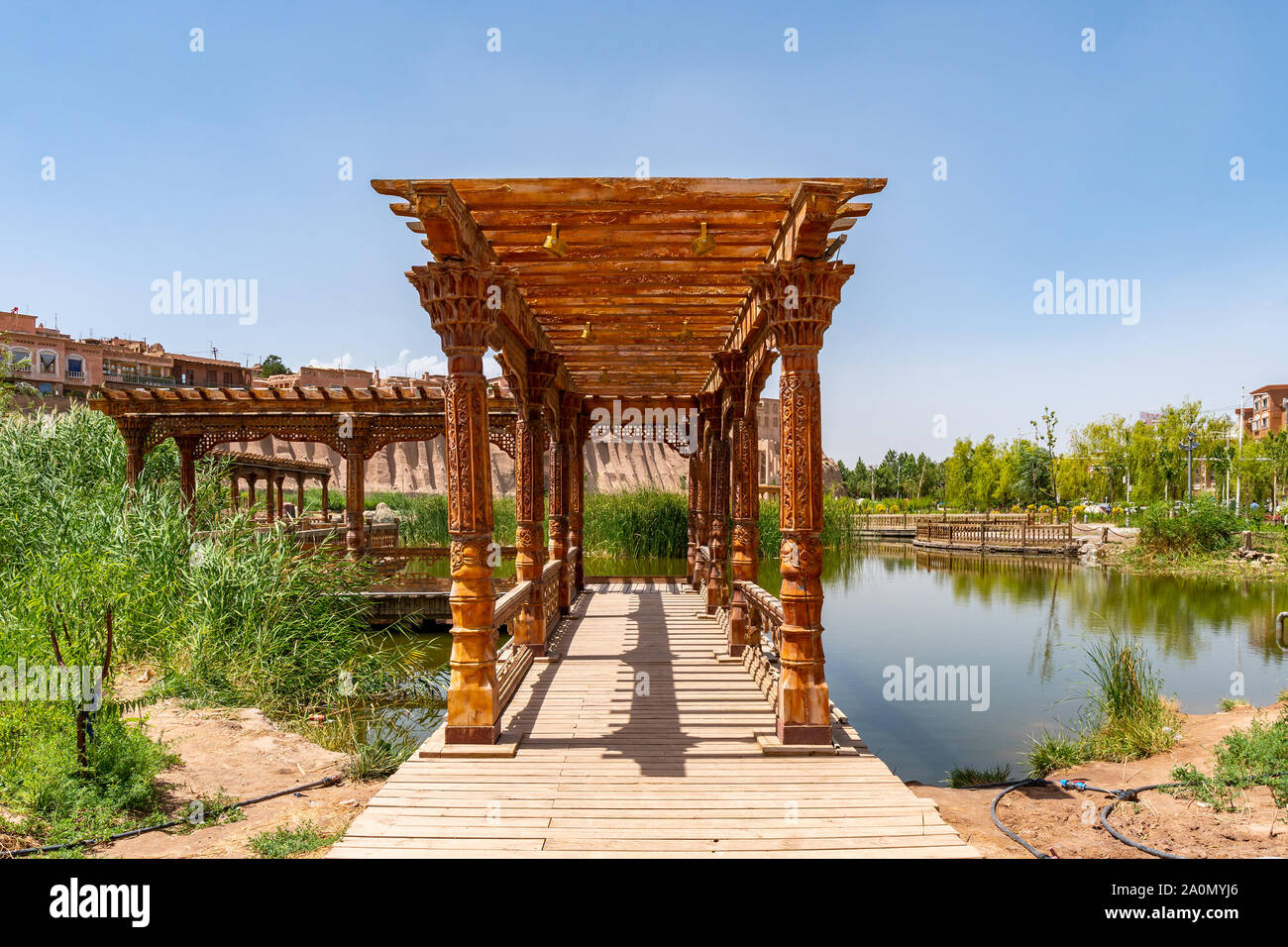 Kashgar Renovated Old City View of Park with Wooden Lake Bridge Terrace ...
