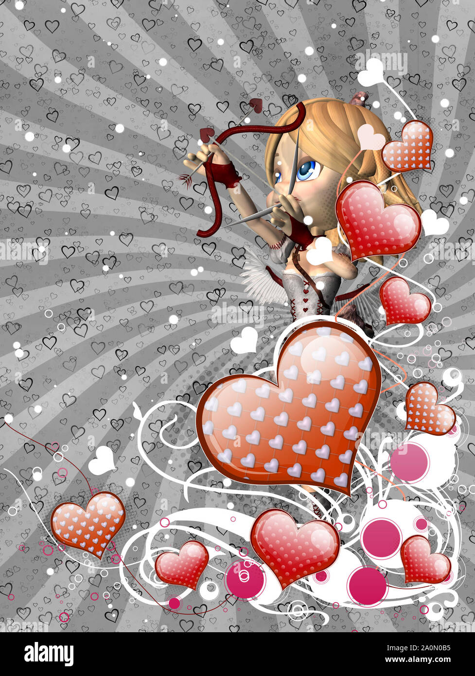 Illustration of red hearts and cupid on grey background with rays Stock ...