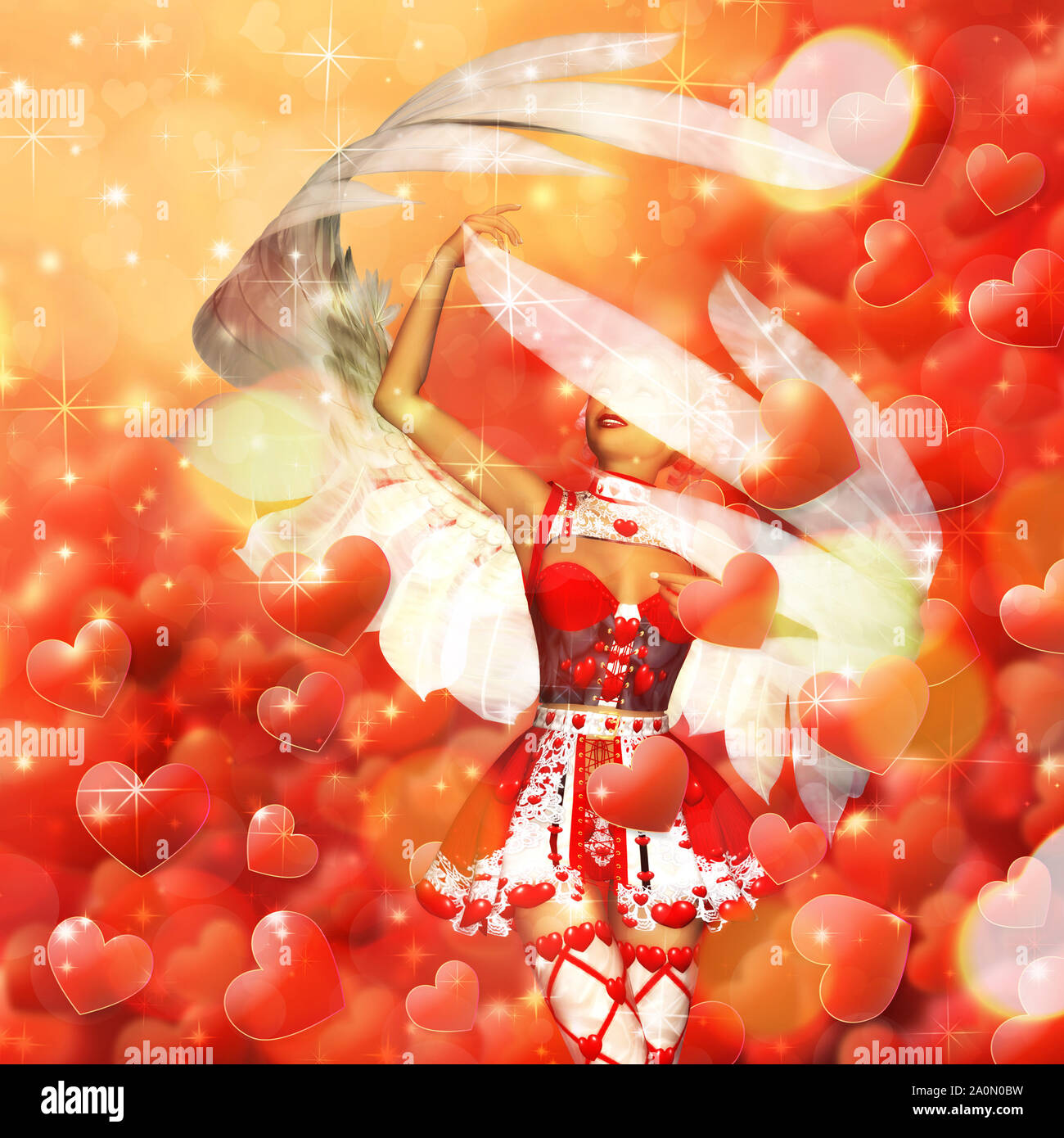 Colorful shiny background with red blurry hearts and cupid girl Stock ...